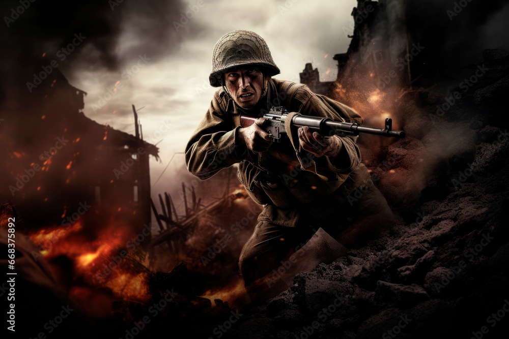 A World War II Soldier in Uniform, Holding a Rifle, Stands Heroically ...