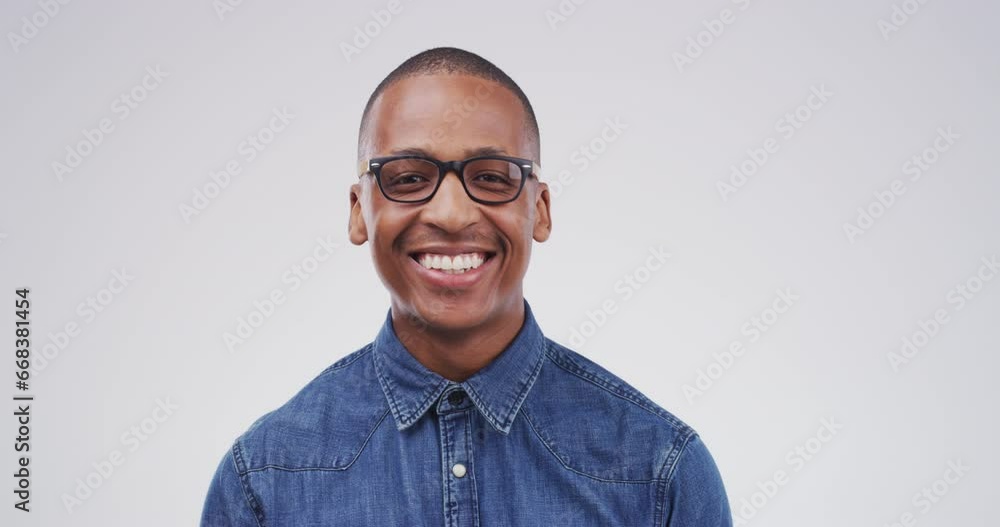 Black man, laughing and funny portrait in studio, white background or ...