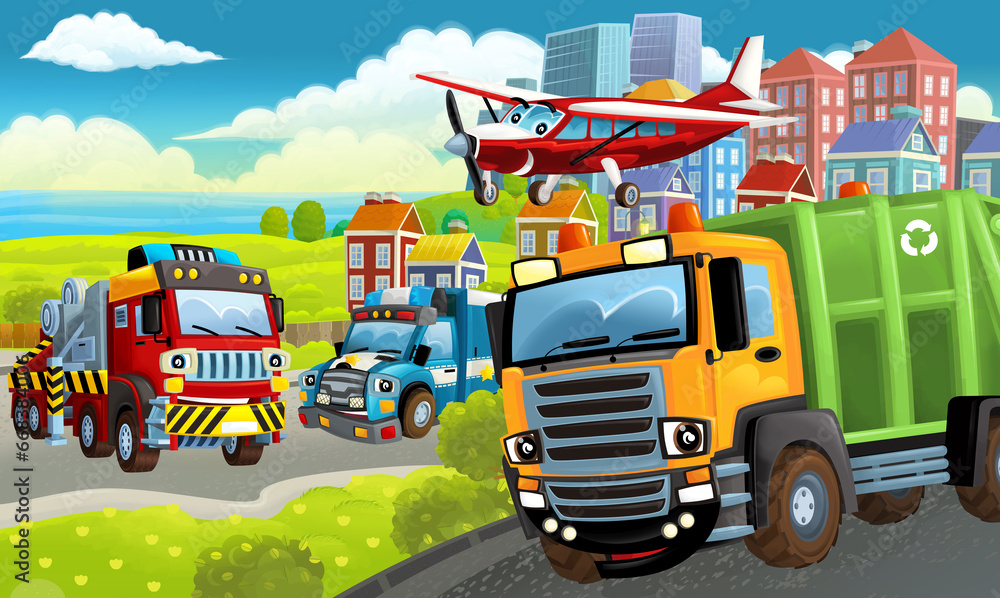 cartoon happy scene with different vehicles and dumper car illustration ...