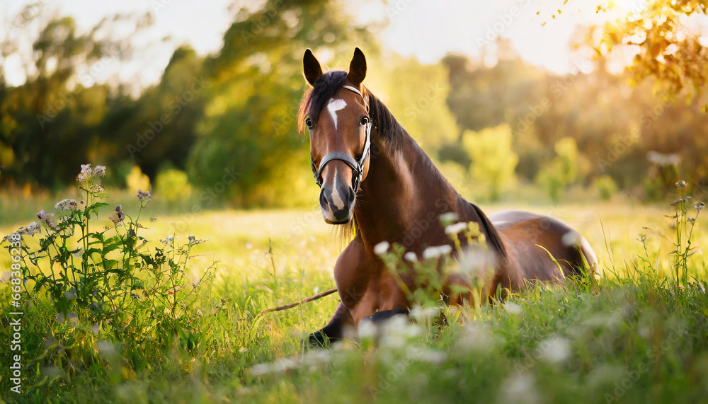 Caballo café con mancha blanca en la cabeza en medio del campo verde al ...