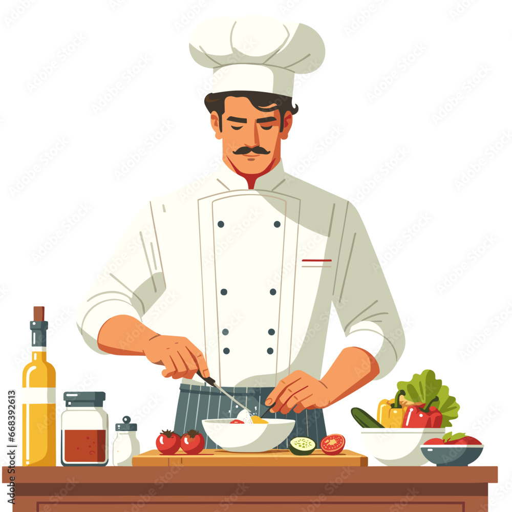 Handsome man cooking in the kitchen. Cartoon smiling character with ...