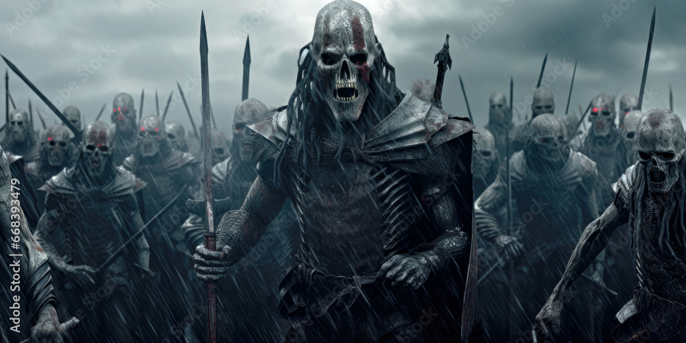 Army of spooky undead in rain, scary skeletons with spears in mystic ...