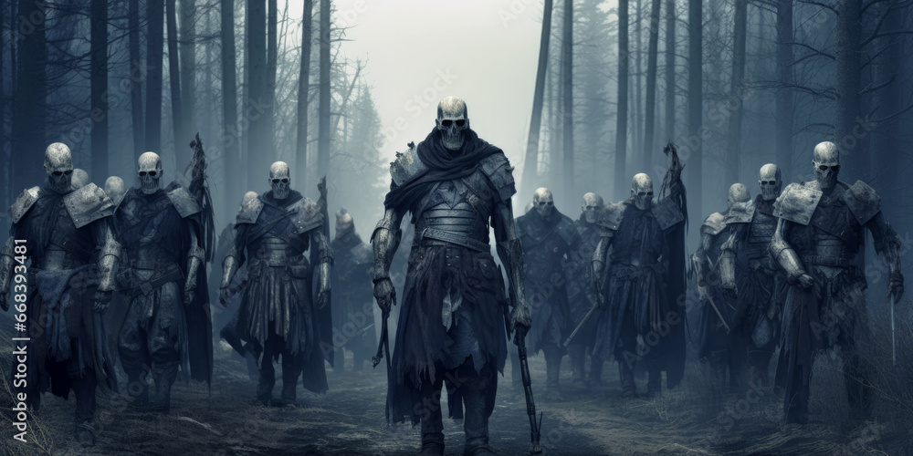 Spooky undead walking in forest, scary armed skeletons in misty wood ...