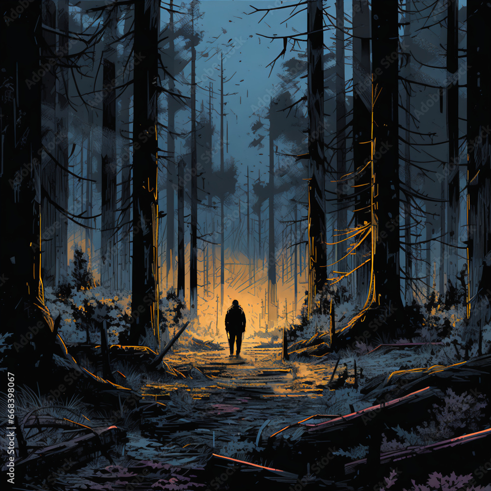 Dramatic Monochrome Comic Book Illustration of a Solarized Forest with ...
