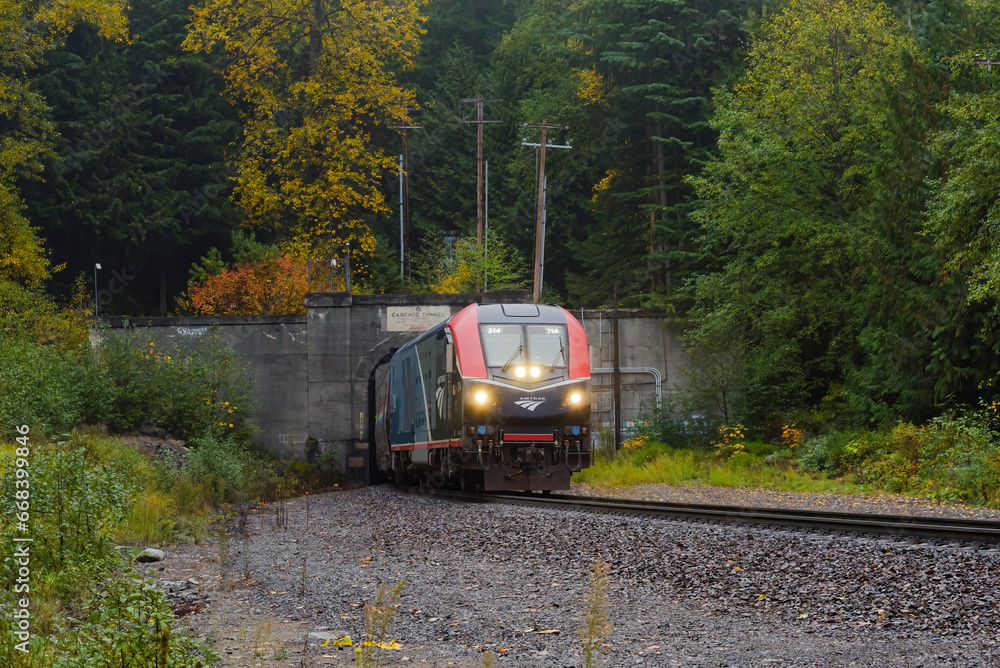 Skykomish, WA, USA - October 22, 2023; Amtrak Empire Builder passenger ...