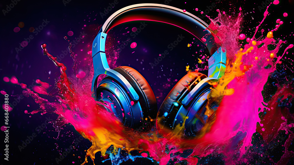 Headphones over Neon splashing wih vibrant colours, dynamic music ...