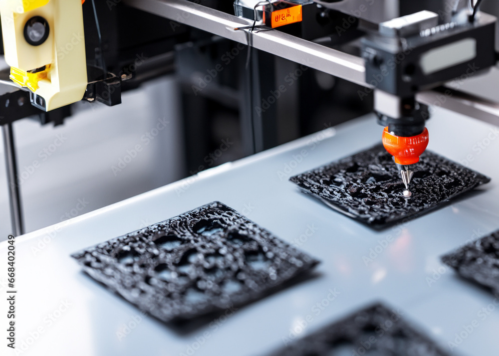 3d printing machine in operation, closeup with shallow depth of view ...