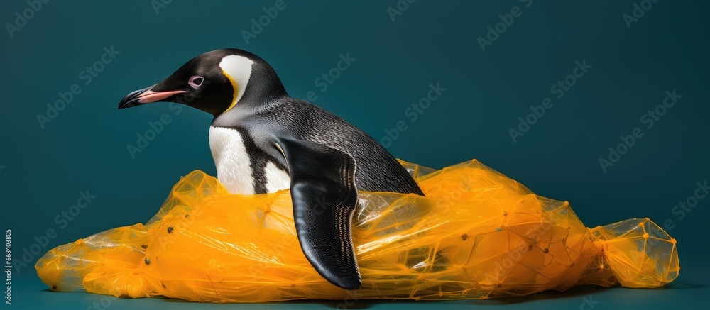 Penguin trapped in plastic net symbolizes marine pollution and nature ...