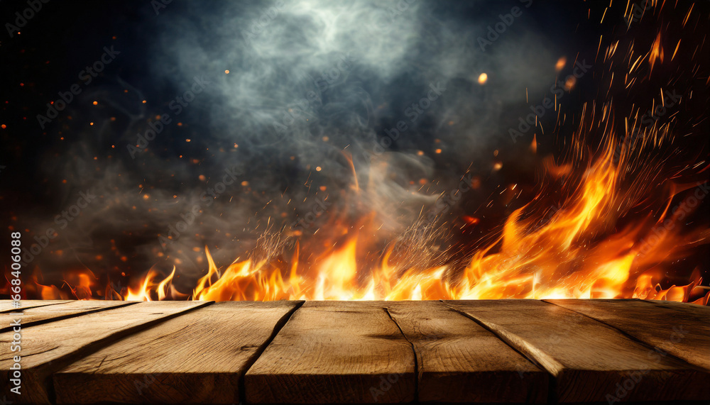 wooden table with fire burning at the edge of the table fire particles ...