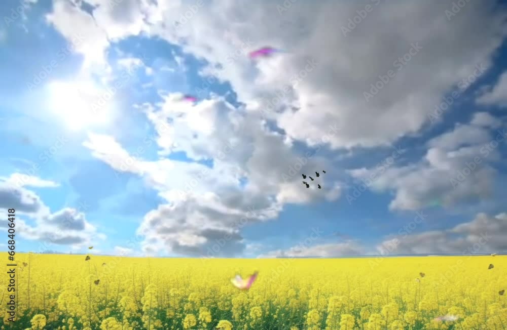 Vidéo Stock Yellow rapeseed field in the field and picturesque sky with ...