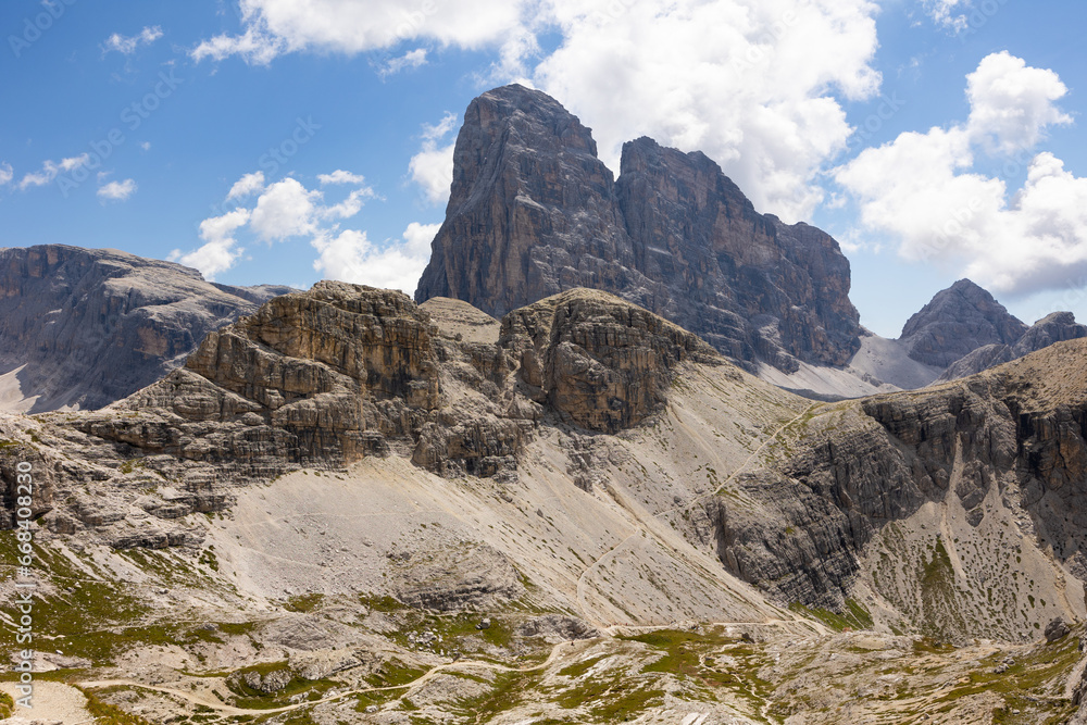 Paternkofel mountain range, resembling back of dragon, in bright light ...
