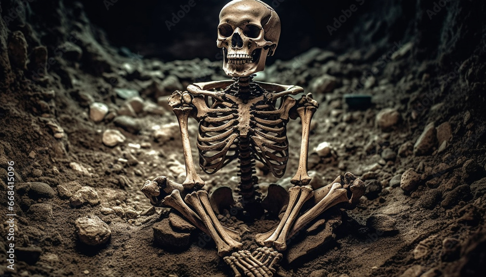 Spooky anatomy of human skeleton, death and horror in nature generated ...