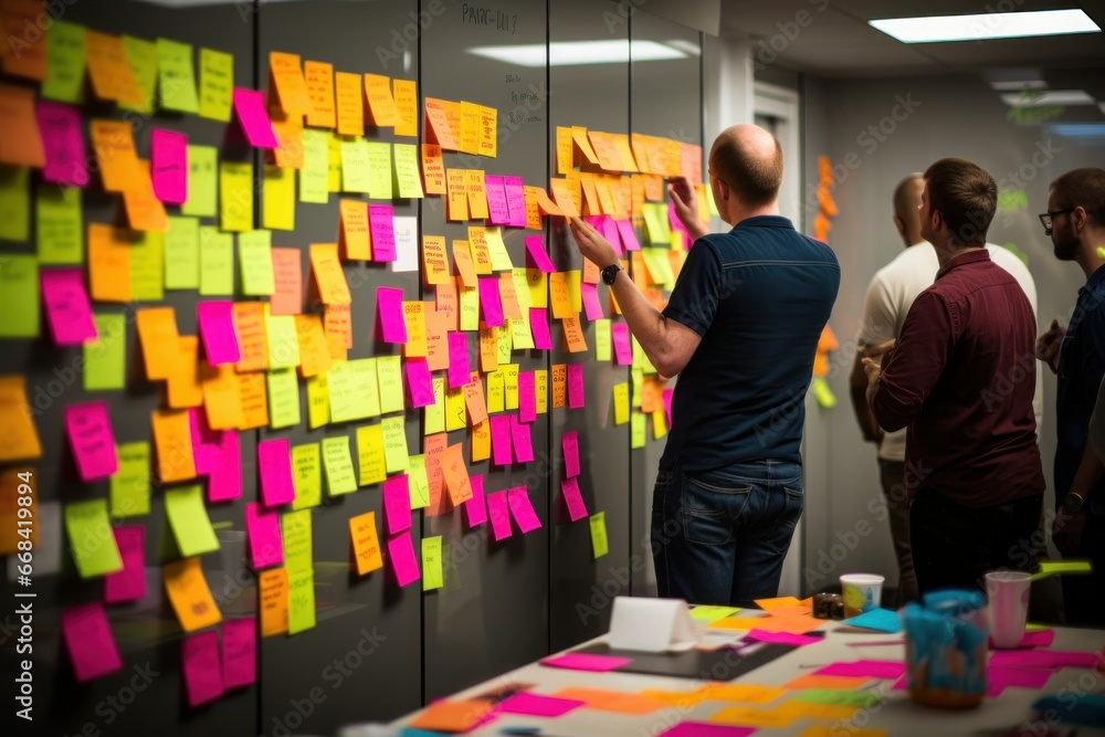 Collaborative brainstorming session with post-it notes and markers ...