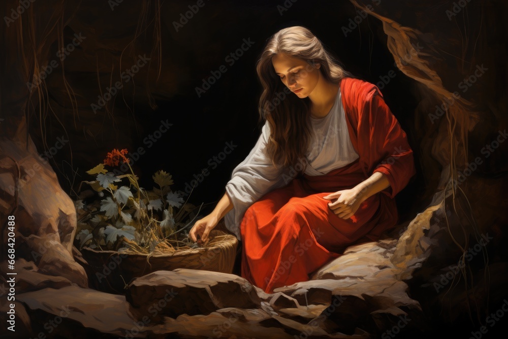 Mary Magdalene discovering the empty tomb of Jesus. Stock Photo | Adobe ...