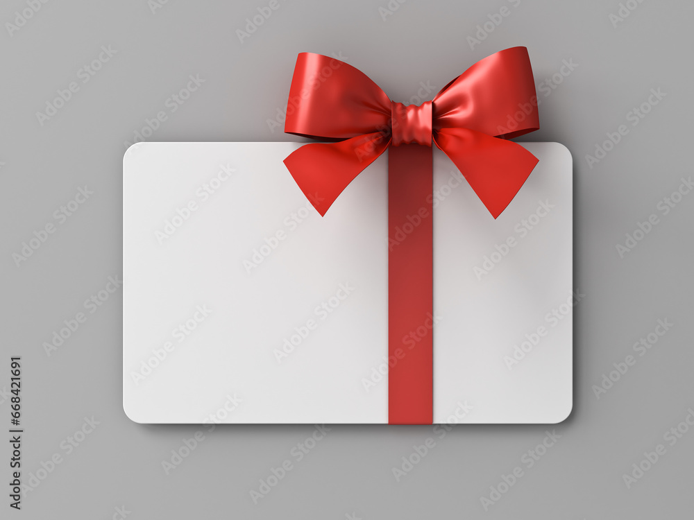 Blank 3d white gift card or gift voucher with red ribbon and bow ...