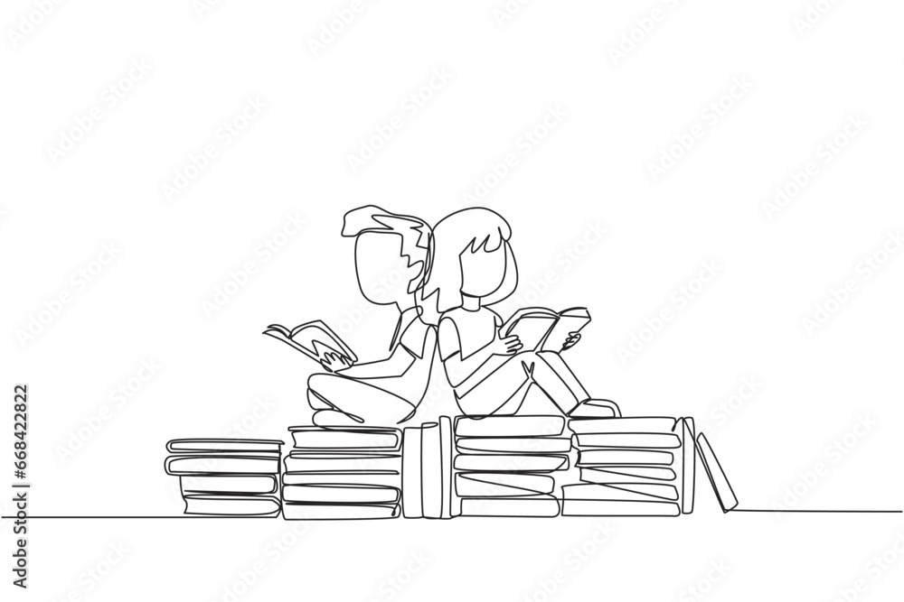 Single one line drawing kids sitting relaxed reading a book on pile of ...