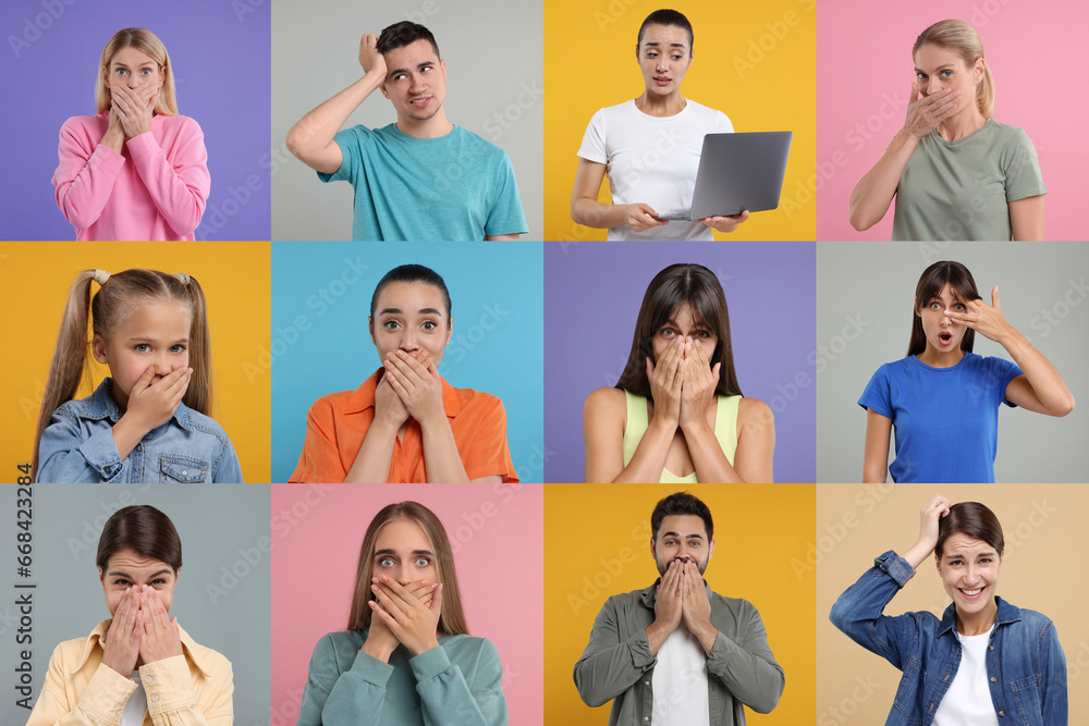 Collage with photos of embarrassed people on different color ...