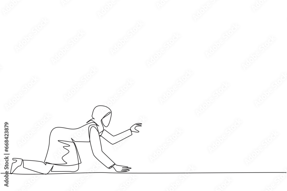 Continuous one line drawing crawl Arabian businesswoman. Trying to get ...