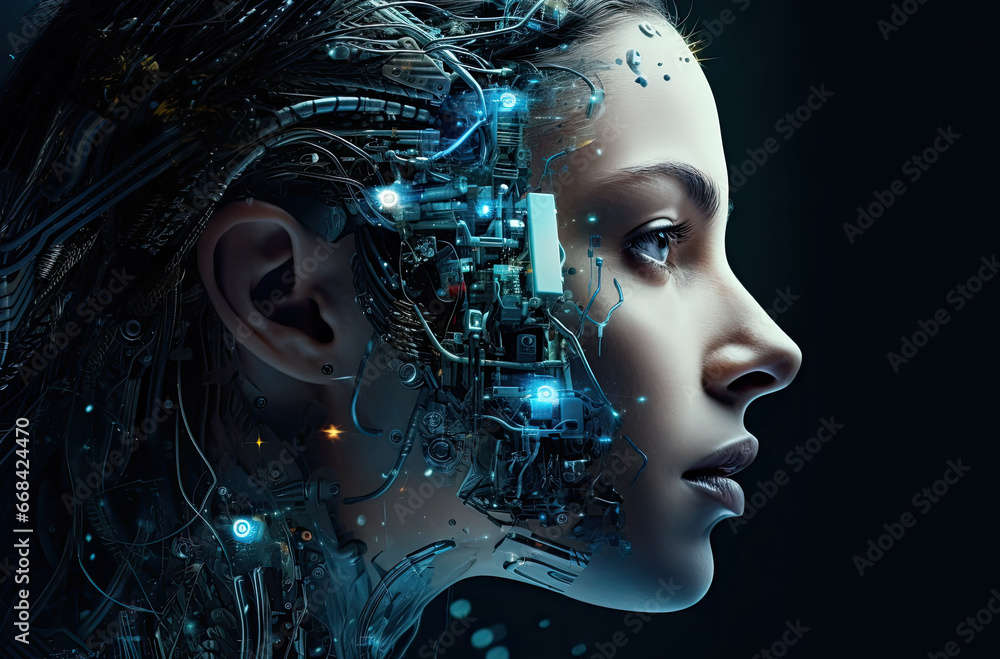 portrait of a cyborg with a human face, the era of artificial ...