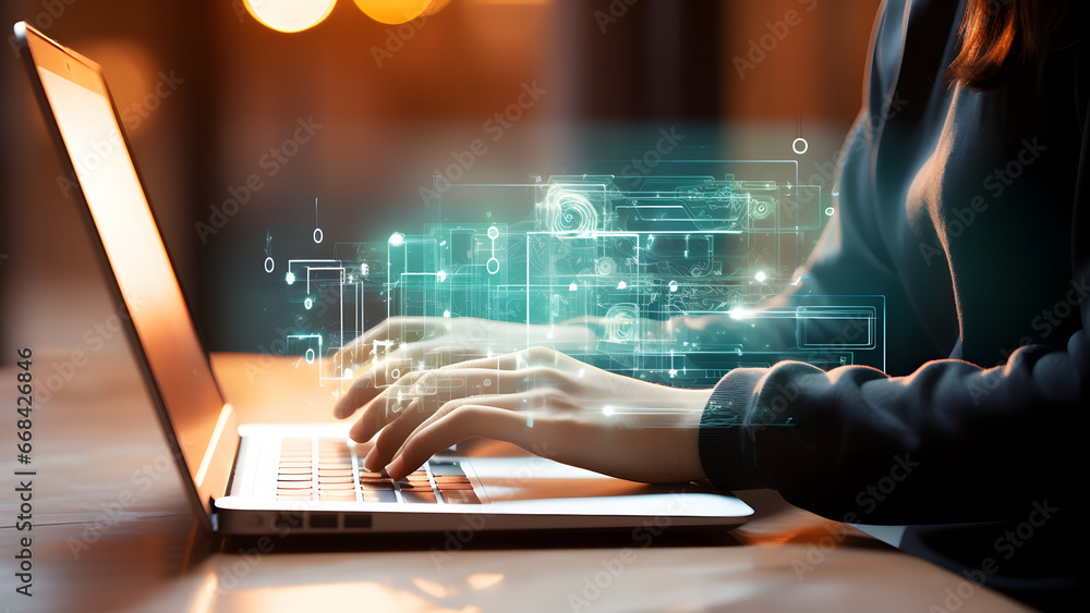 A woman is working on her laptop. Using highly advanced AI technology ...