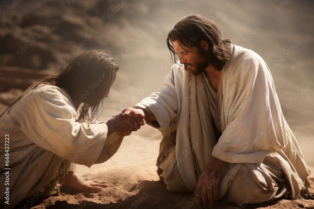 Jesus healing the blind man using mud and His divine touch. Stock Photo ...