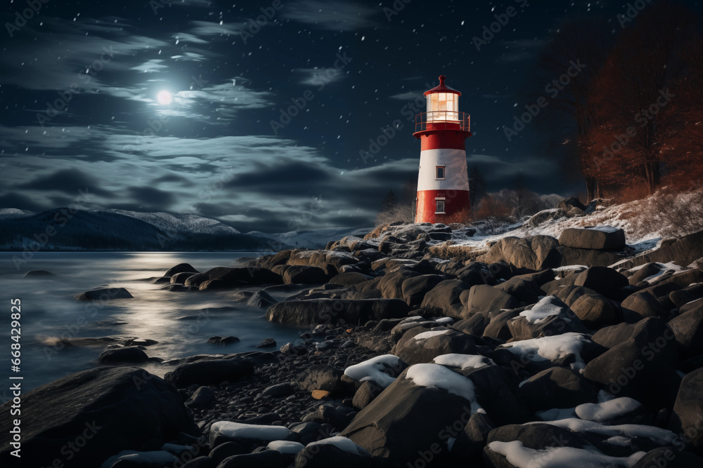 Snowy Cove Lighthouse at Night: standing tall against the backdrop of ...
