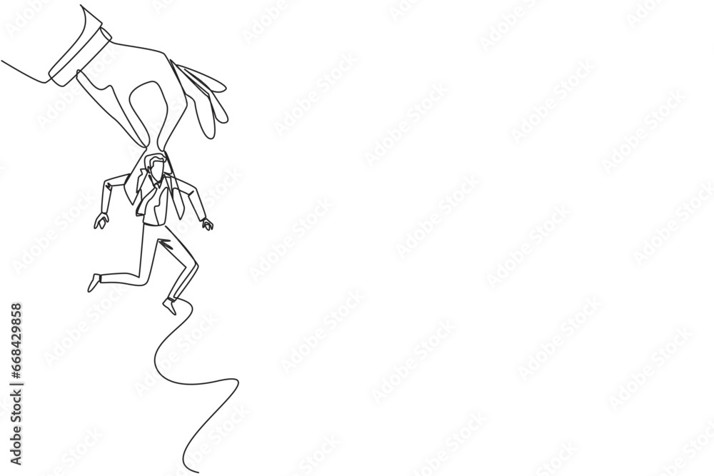 Single one line drawing big hand holding businessman. Workplace moving ...