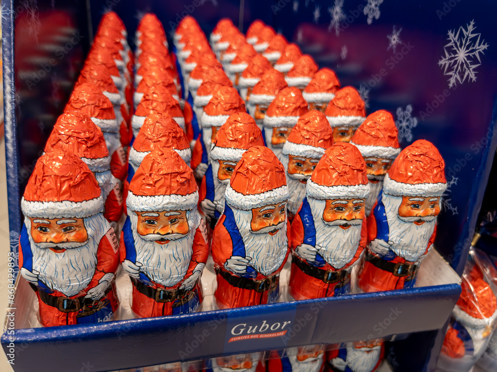 Gubor Christmas Chocolate Santas in a Box at a German Supermarket Stock ...