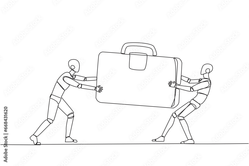 Continuous one line drawing two aggressive robot fighting over the ...