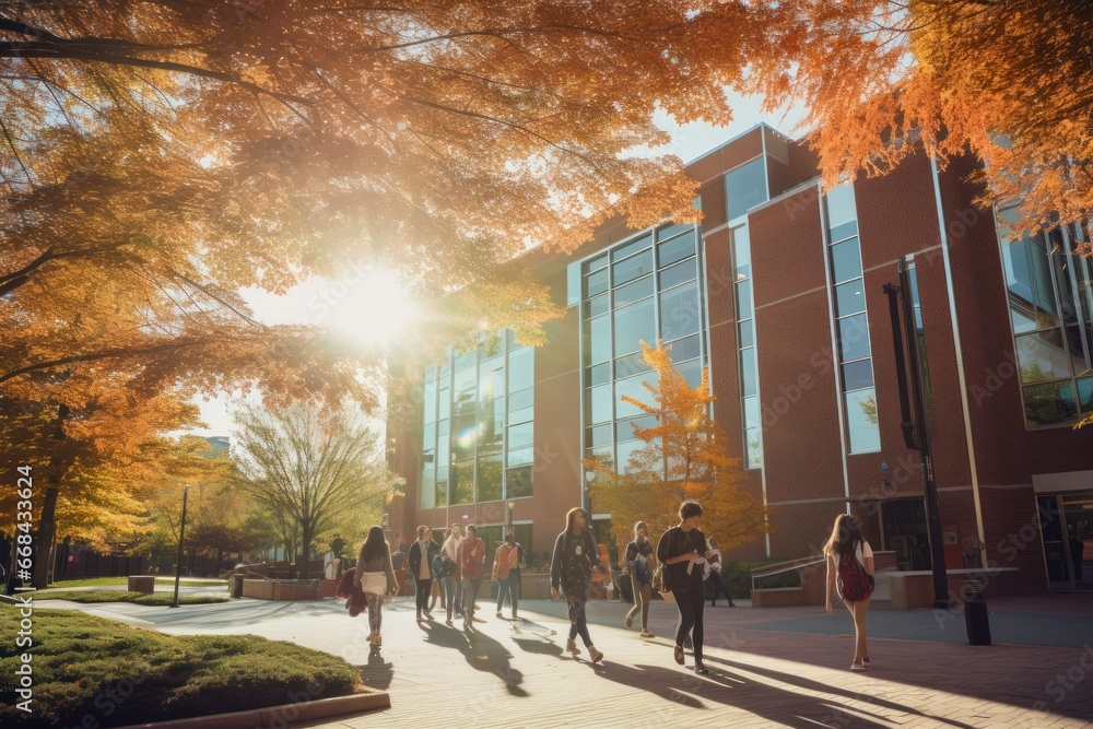 University campus with students walking and engaging in discussions ...