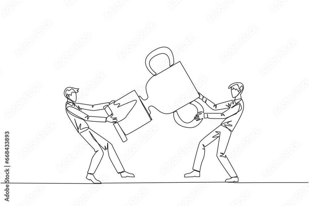 Continuous one line drawing two businessman fighting over trophy. There ...