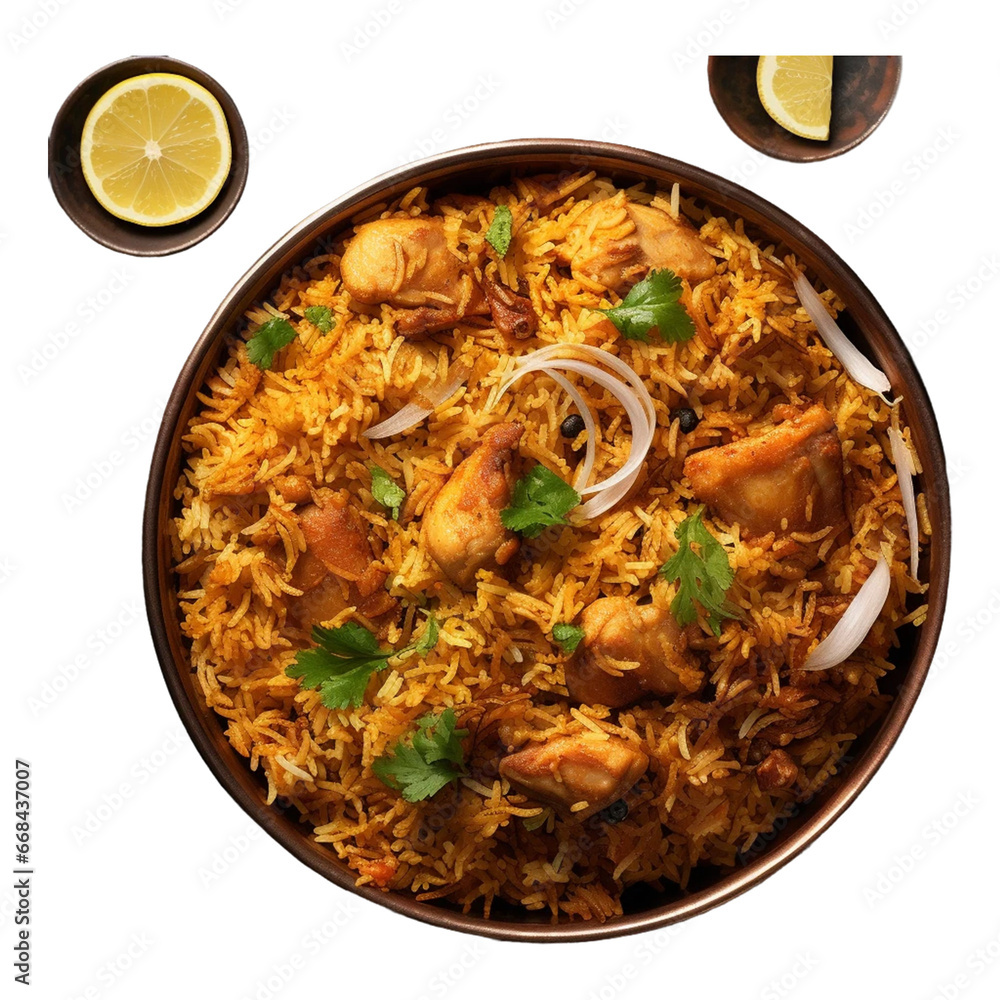 plate of chicken biryani with chicken and spices on transparent ...