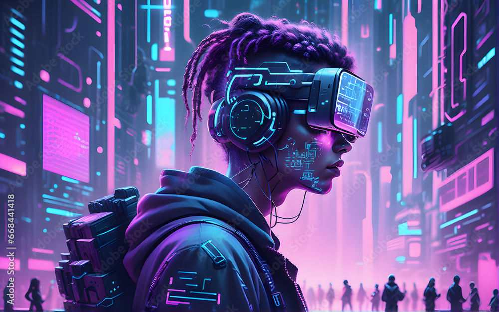 Depict a skilled cyberpunk hacker in a futuristic setting, surrounded ...
