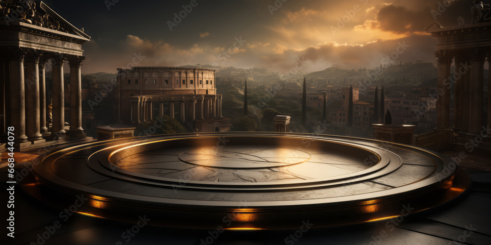 Ancient Rome, old stone podium with ancient rome city in the background ...