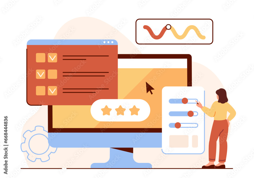 User experience concept. Woman near computer monitor. Front end ...