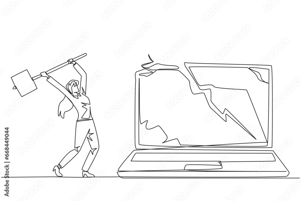 Single one line drawing businesswoman preparing to hit laptop. Rampage ...