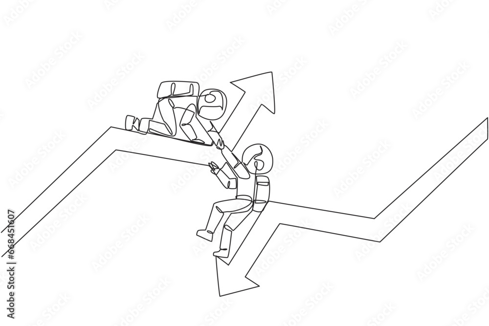 Single one line drawing astronaut helps colleague climb arrow symbol ...
