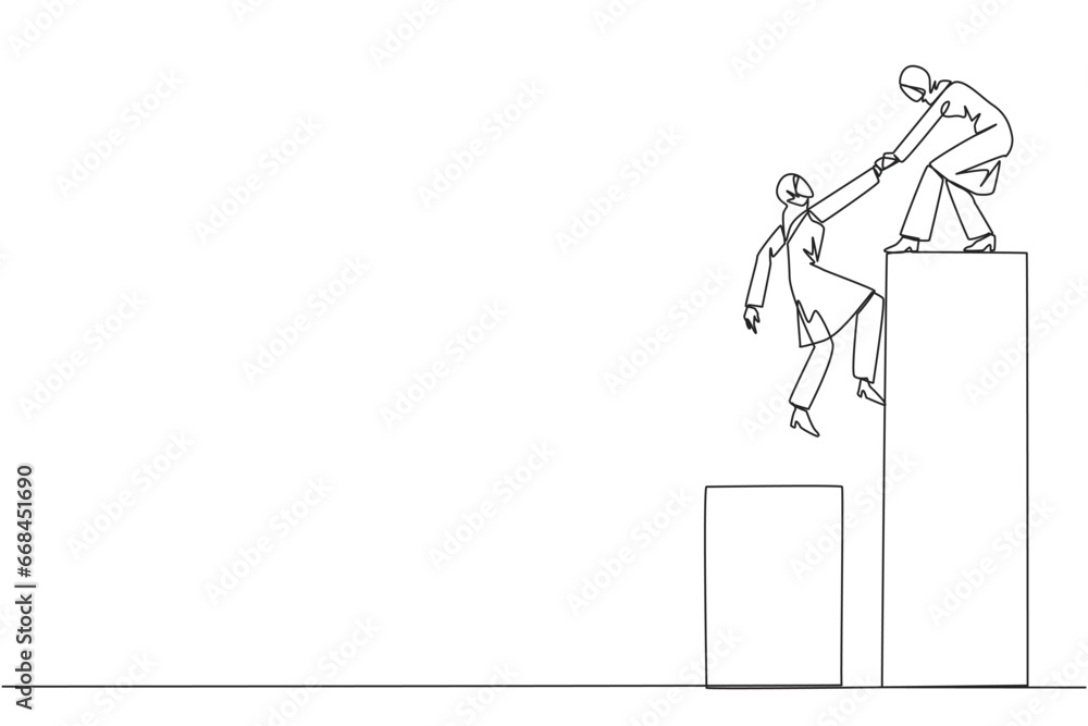 Single continuous line drawing Arabian businesswoman helps colleague ...
