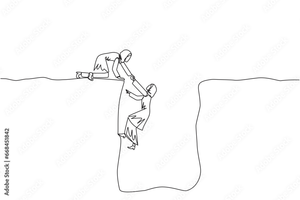 Single one line drawing Arabian businesswoman helps colleague climb a ...
