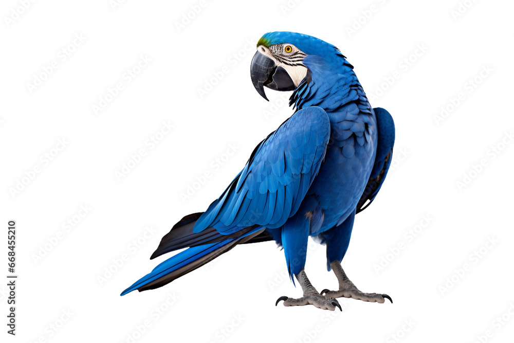 side view full body of hyacinth macaw bird standing isolated on a ...