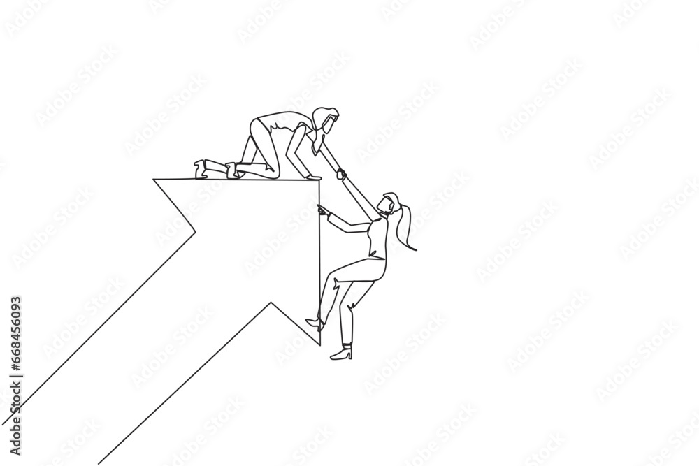 Continuous one line drawing businesswoman helps colleague climb rising arrow symbol. Compact ...