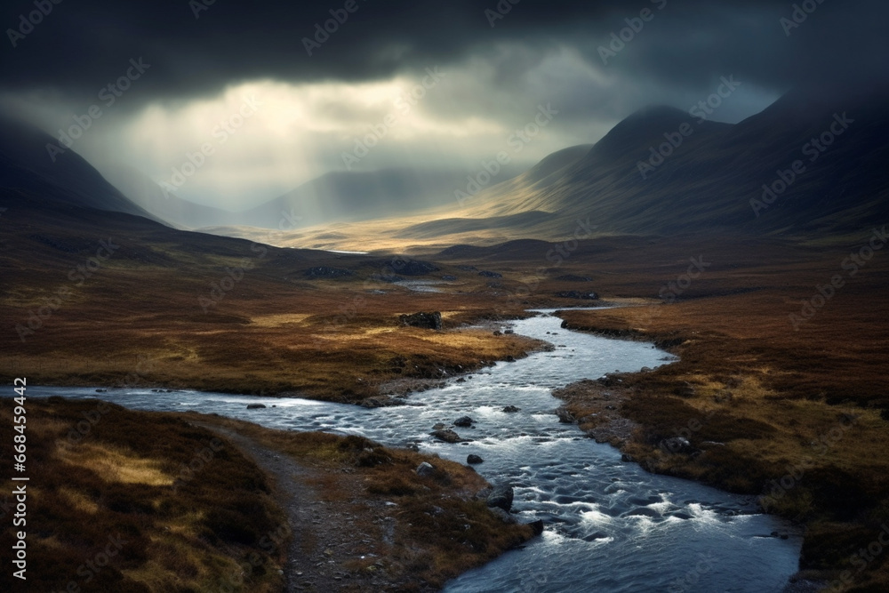 Tranquility meets drama: water in a valley captured under brooding ...