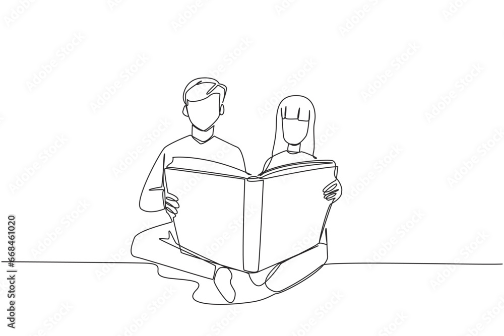 Single continuous line drawing man woman sitting reading standing book ...