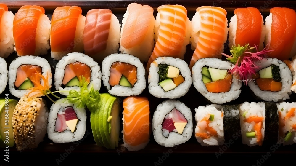 Overhead japanese sushi food. Maki ands rolls with tuna, salmon, shrimp ...