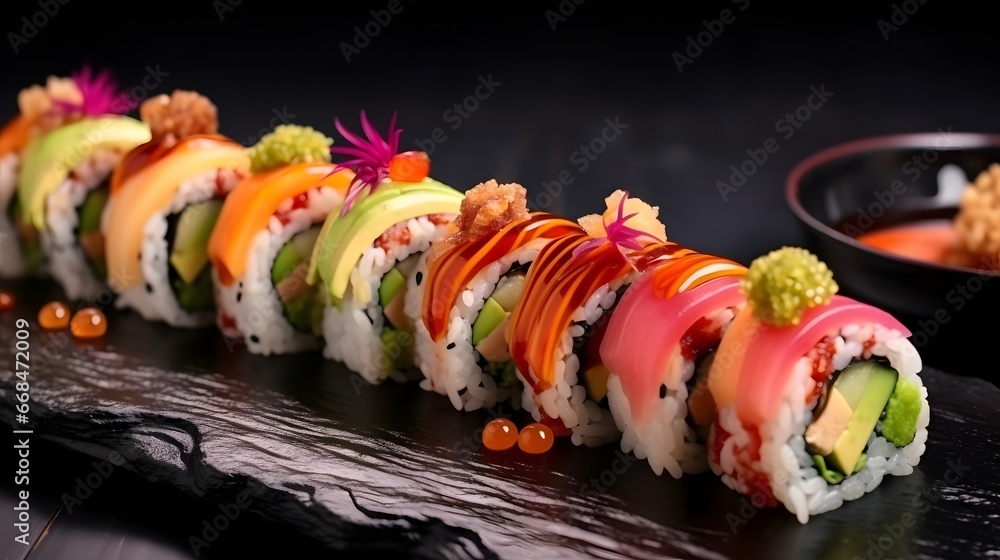 Rainbow Sushi Roll with salmon, eel, tuna, avocado, royal prawn, cream ...