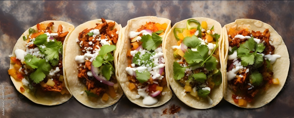 row of mexican street tacos with carne asada and al pastor in corn ...