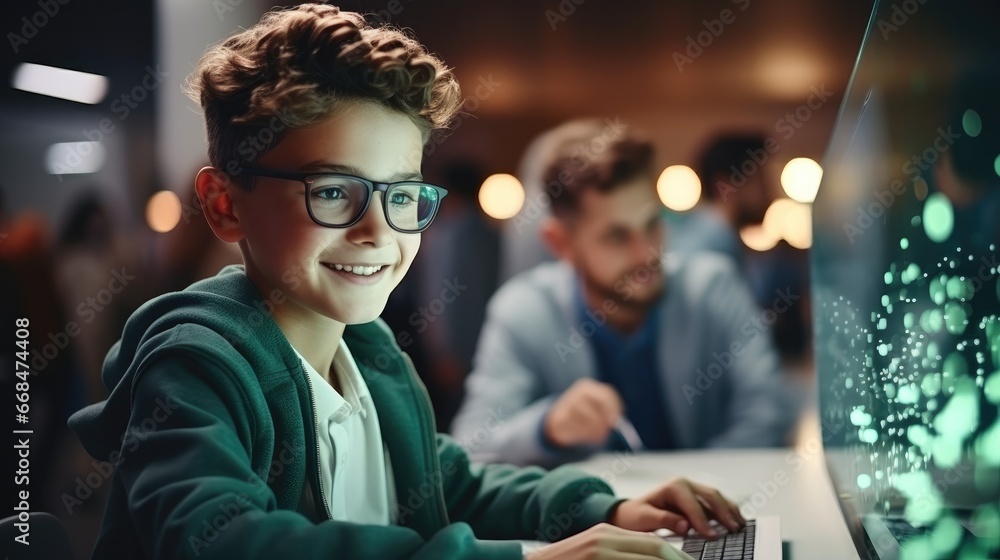 Little boy is learning to code on a computer at classroom. Stock Photo ...