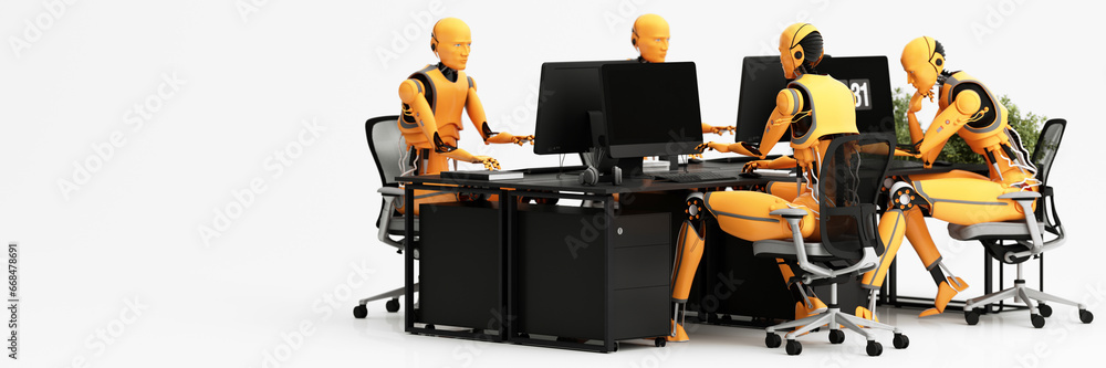 3D yellow humanoid robot sitting at a work desk. Future concept without people with smart ...