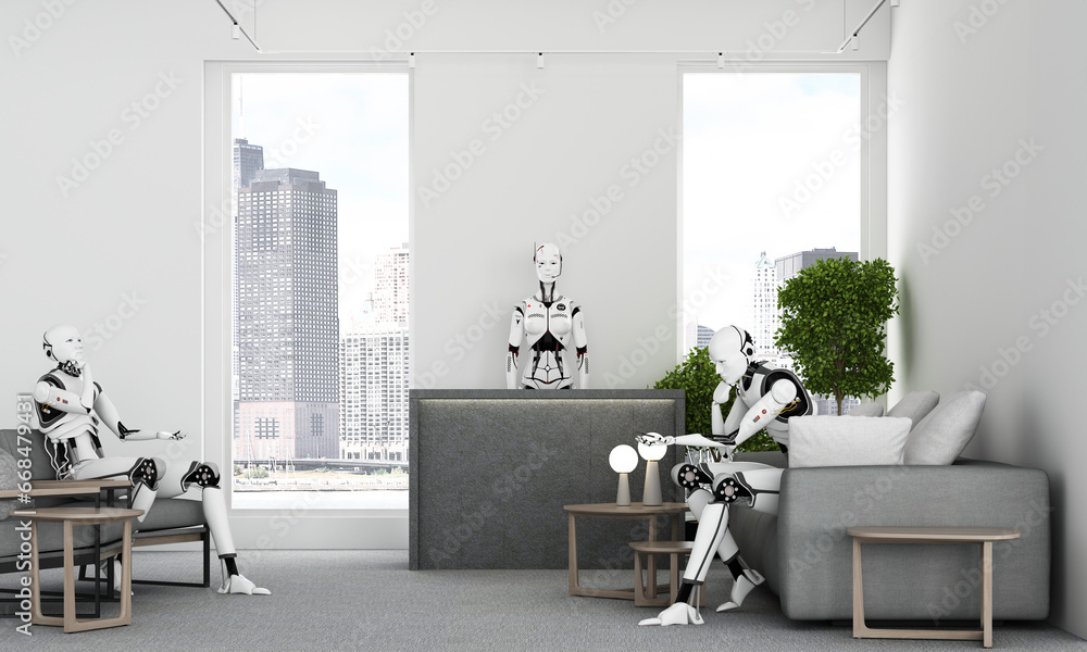 Office work space on a tall building with views of the surrounding city ...