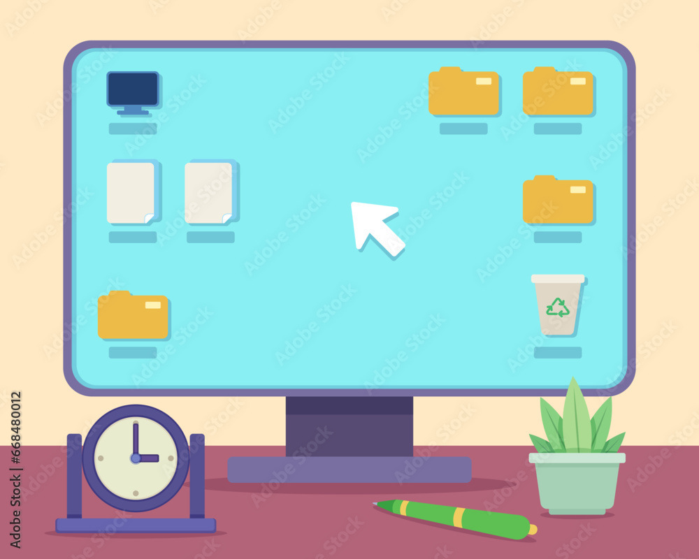 Huge computer monitor with desktop. Vector illustration of desk with ...